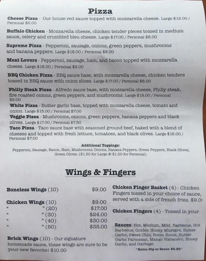 The Bear Brick menu in Little Valley, New York, USA