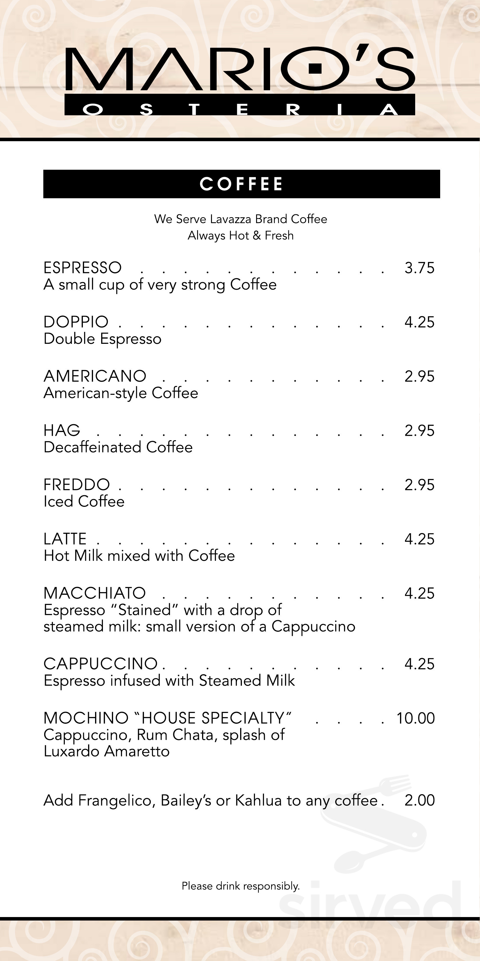 Mario's Osteria menu in Boca Raton, Florida, USA