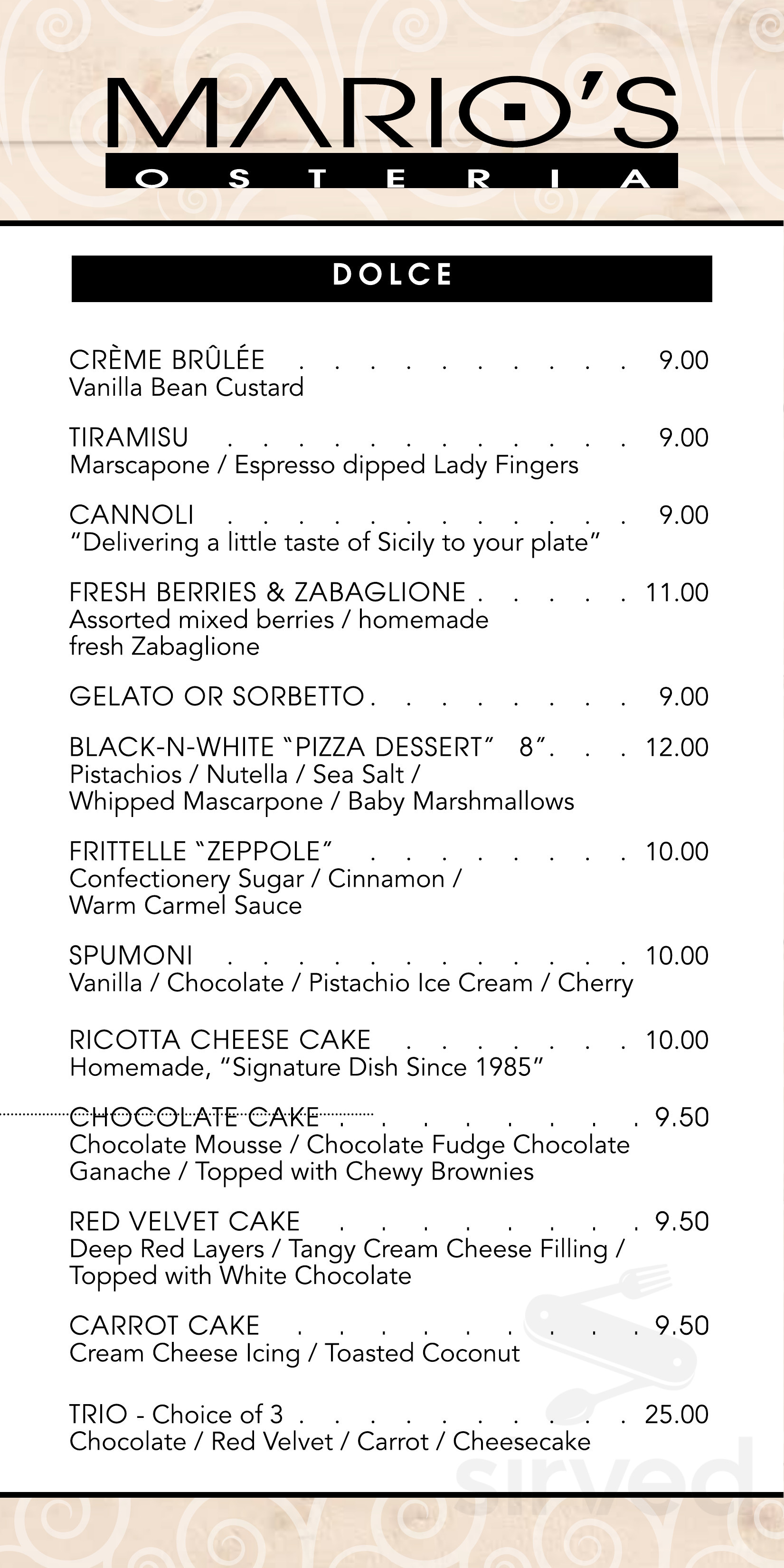 Mario's Osteria menu in Boca Raton, Florida, USA