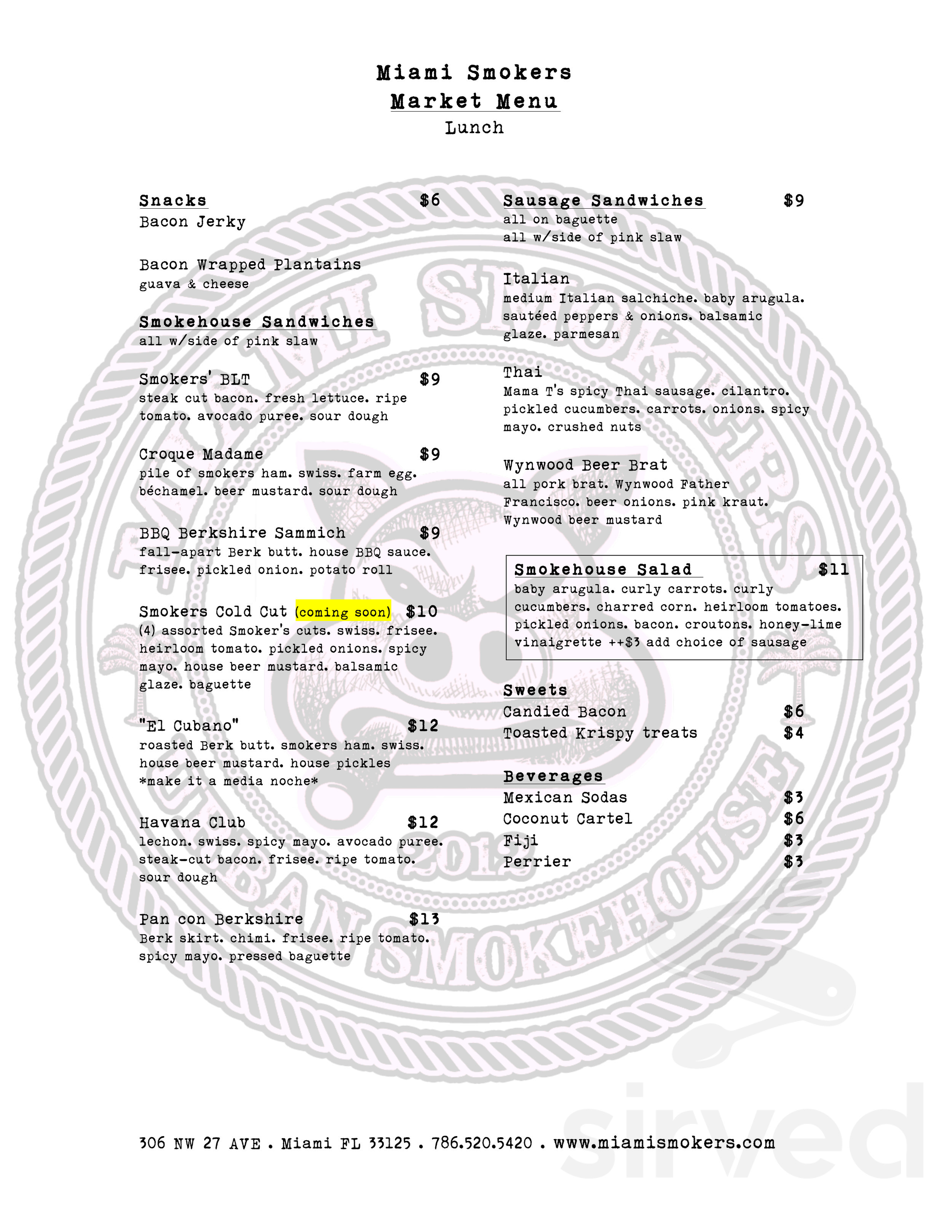 Miami Smokers Urban Smokehouse menu in Miami, Florida, USA