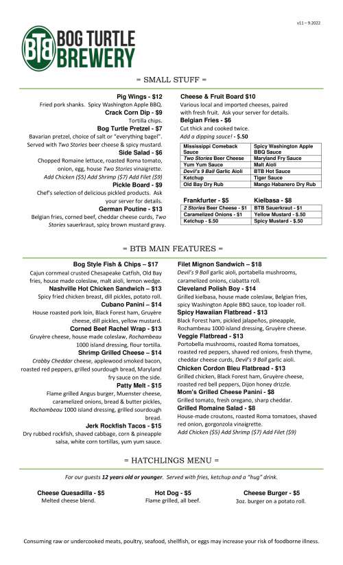 Bog Turtle Brewery menu in Rising Sun, Maryland, USA