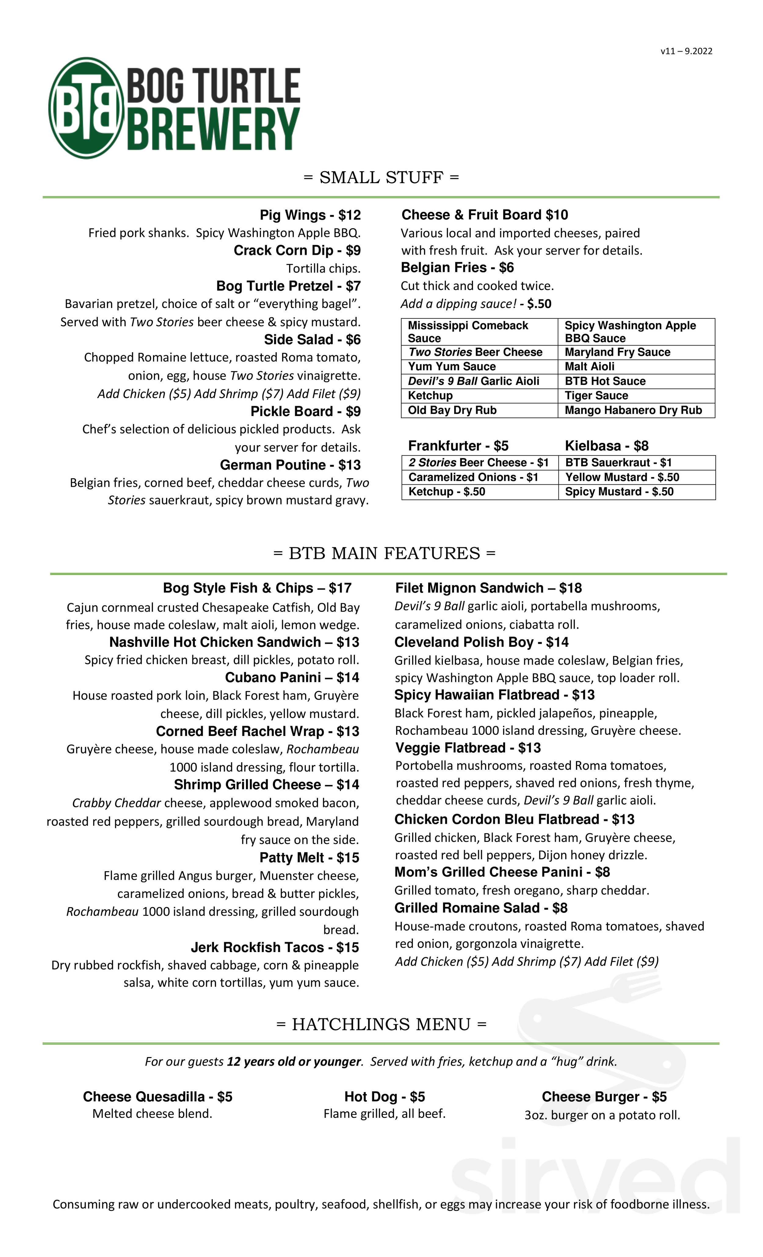 Bog Turtle Brewery menu in Rising Sun, Maryland, USA