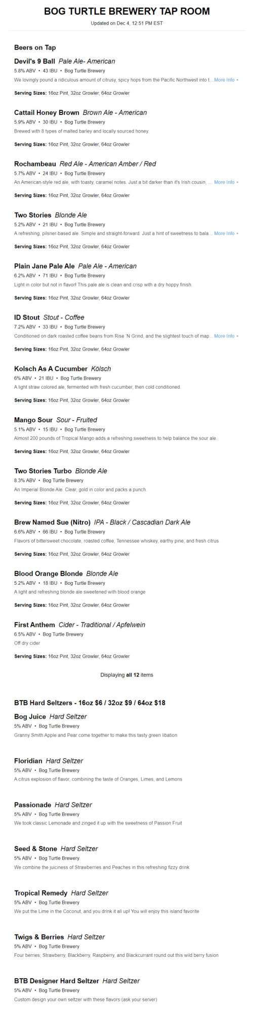 Bog Turtle Brewery menu in Rising Sun, Maryland, USA