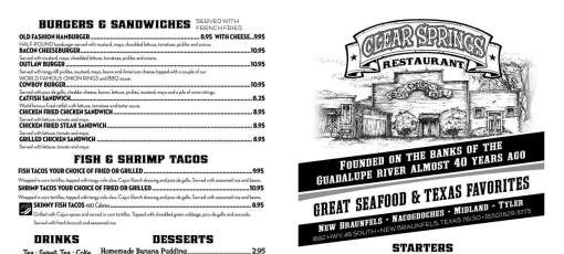 Menu for Clear Springs Restaurant in Tyler, TX | Sirved