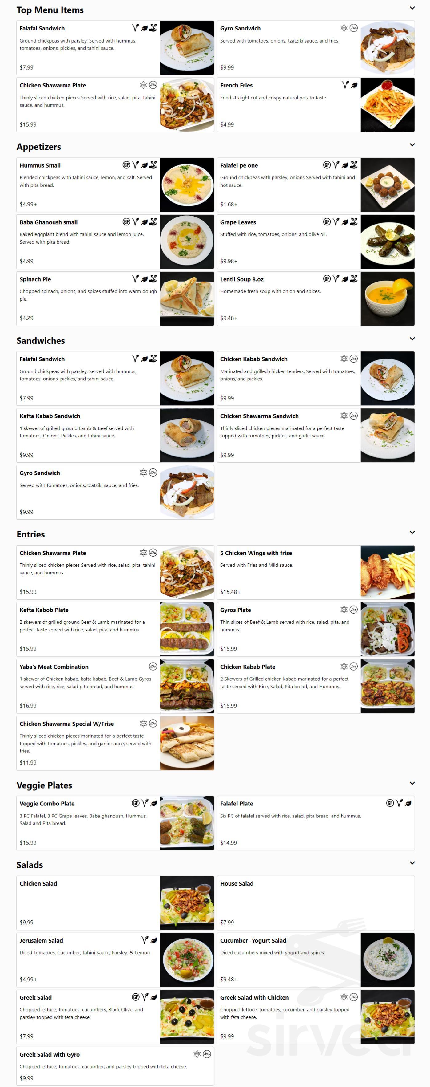 Yaba's Food & Middle Eastern Grill menu in Chicago, Illinois, USA