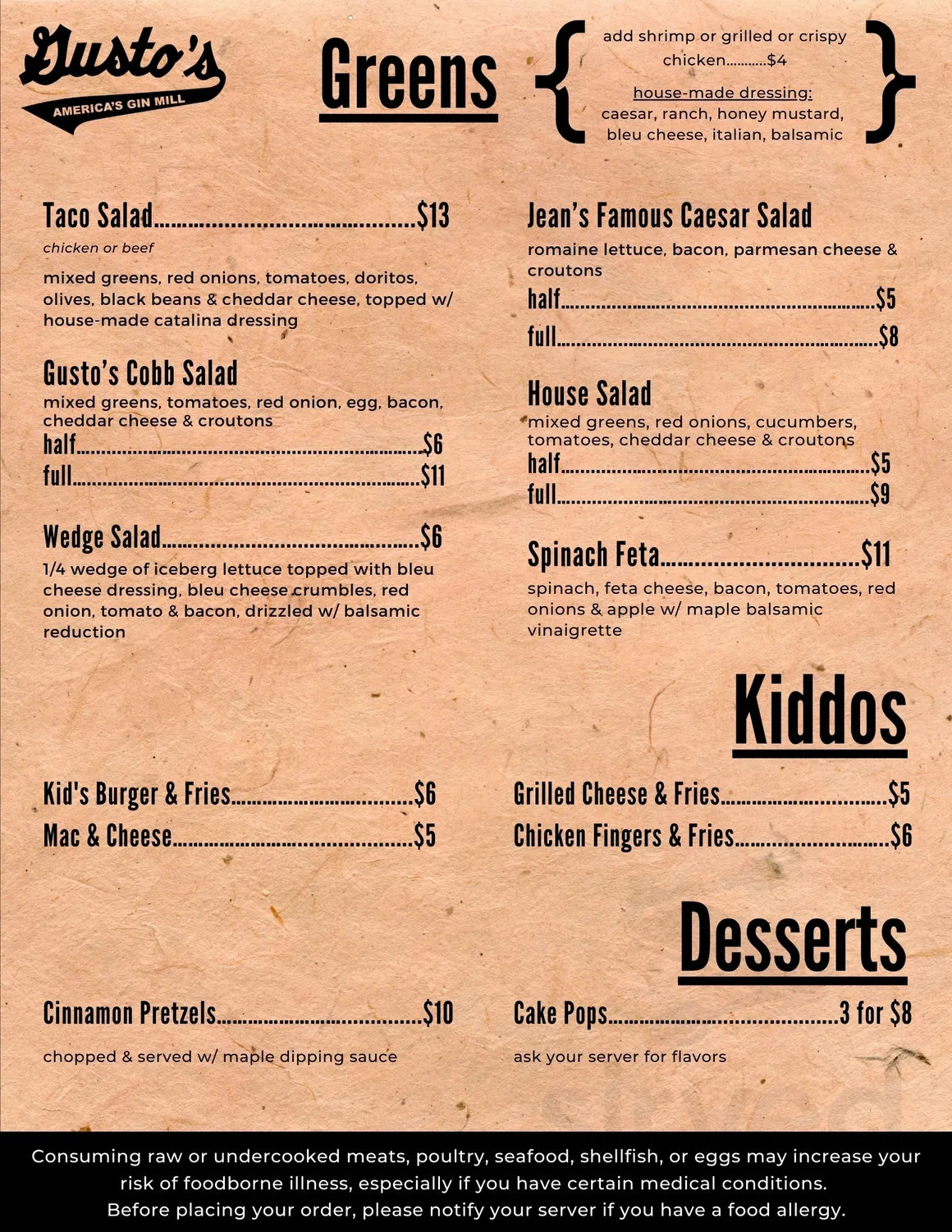 Menu for Gusto's in Barre, VT | Sirved
