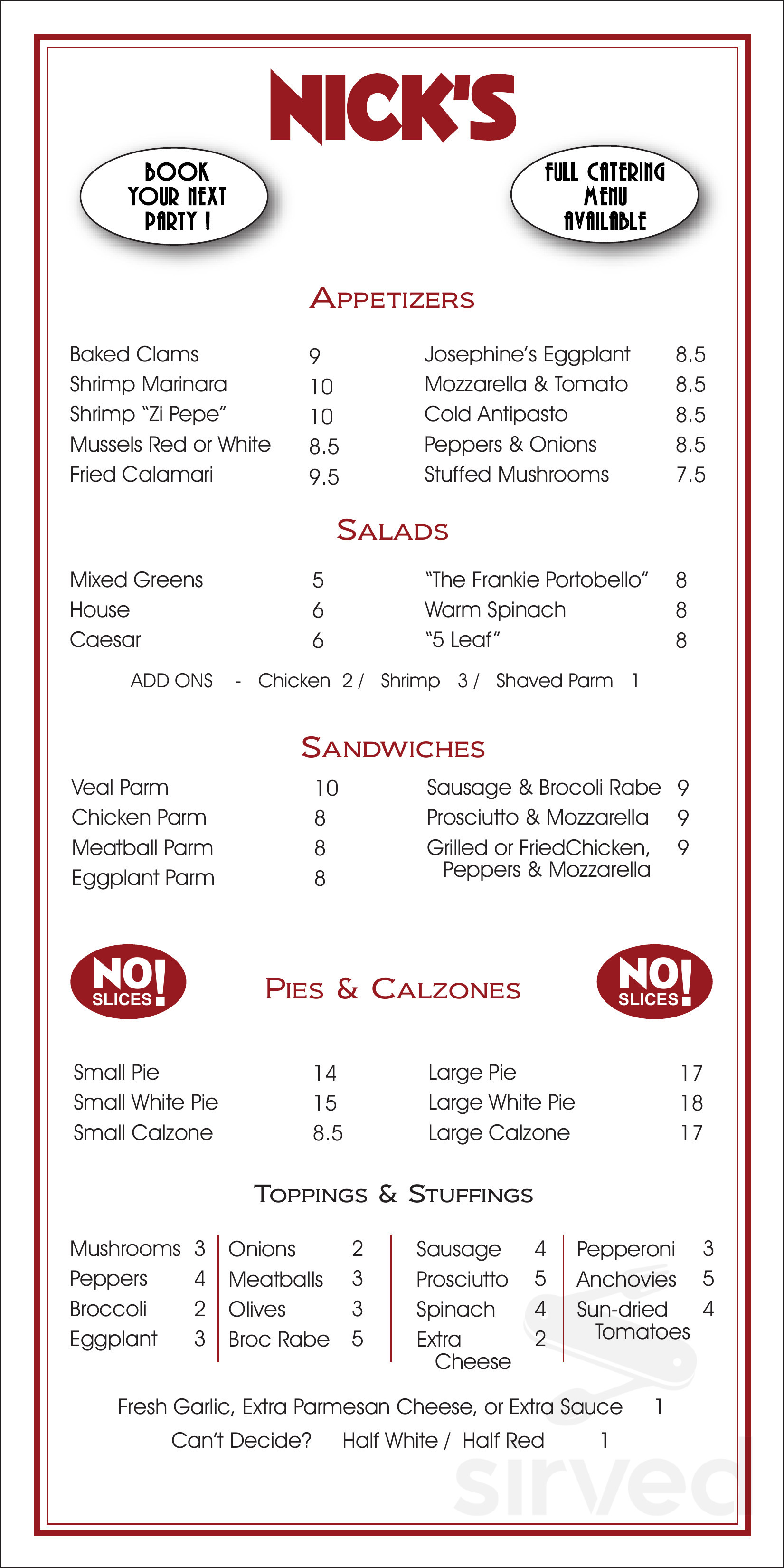 Nick's menu in Rockville Centre, New York, USA