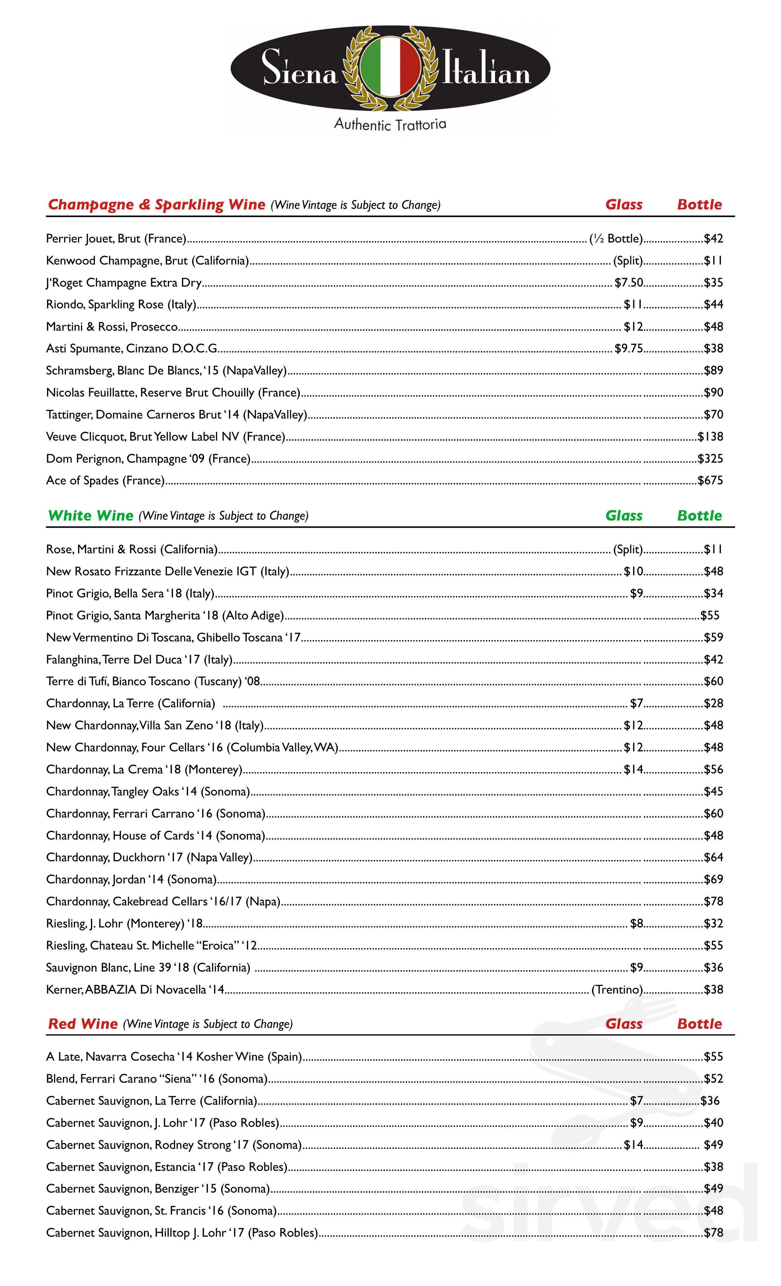 Menu for Siena Italian Authentic Trattoria and Deli in Las Vegas, NV ...