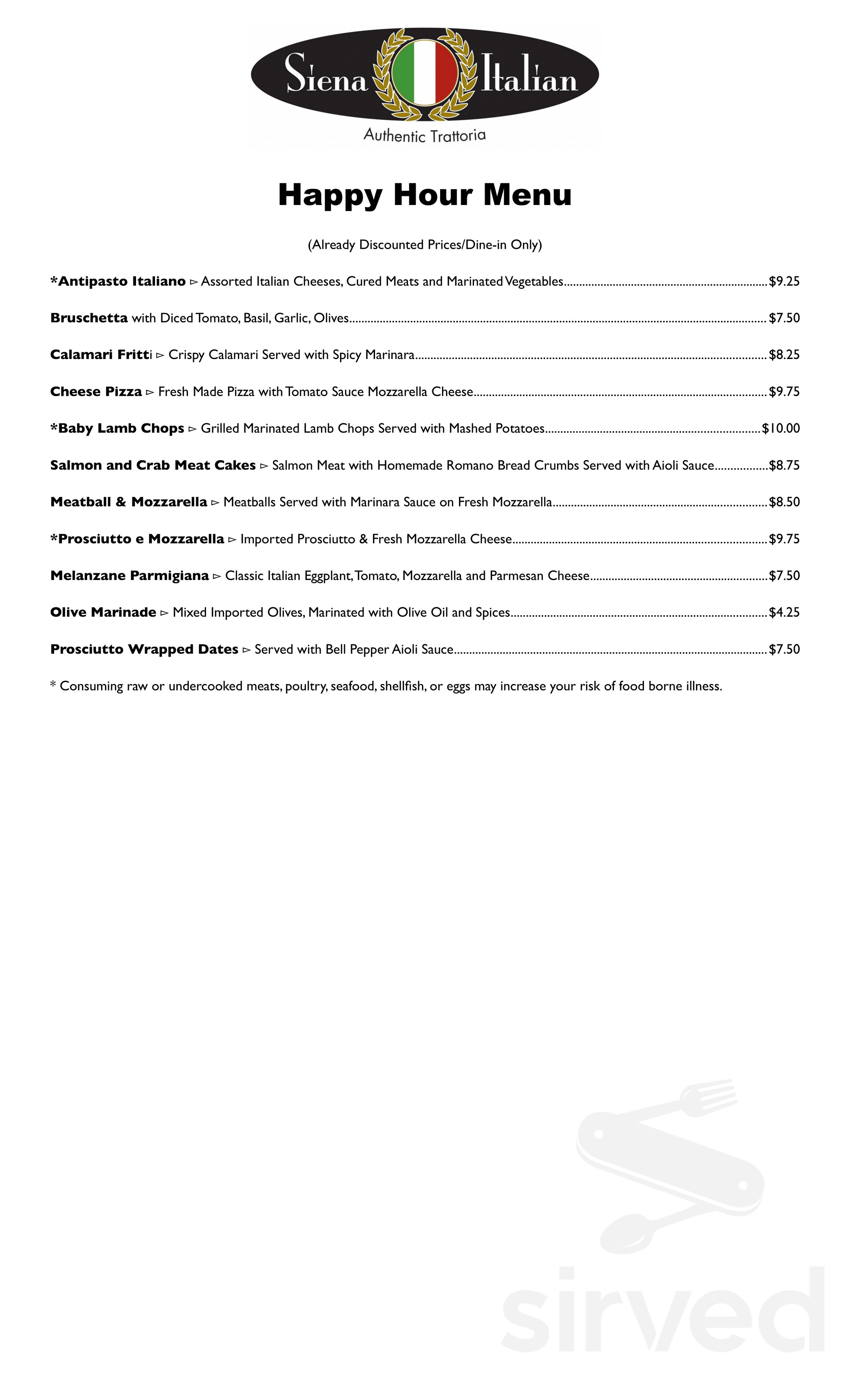 Menu for Siena Italian Authentic Trattoria and Deli in Las Vegas, NV ...