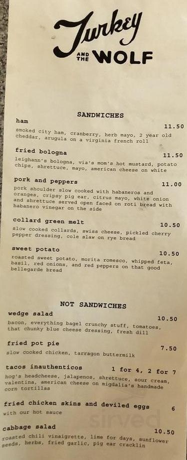 Turkey and the Wolf menus in New Orleans, Louisiana, United States