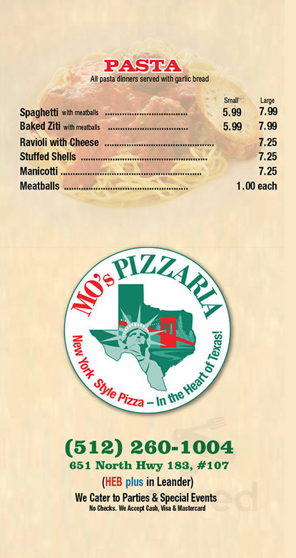 Mo's Pizzeria menus in Leander, Texas, United States