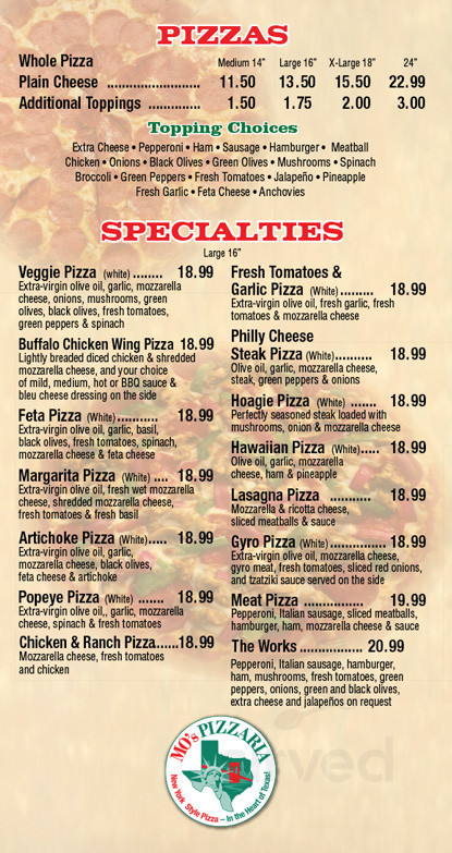Mo's Pizzeria menus in Leander, Texas, United States