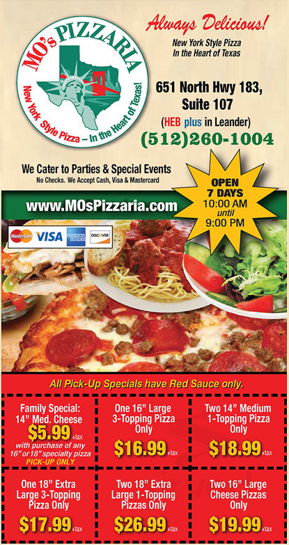 Mo's Pizzeria menus in Leander, Texas, United States