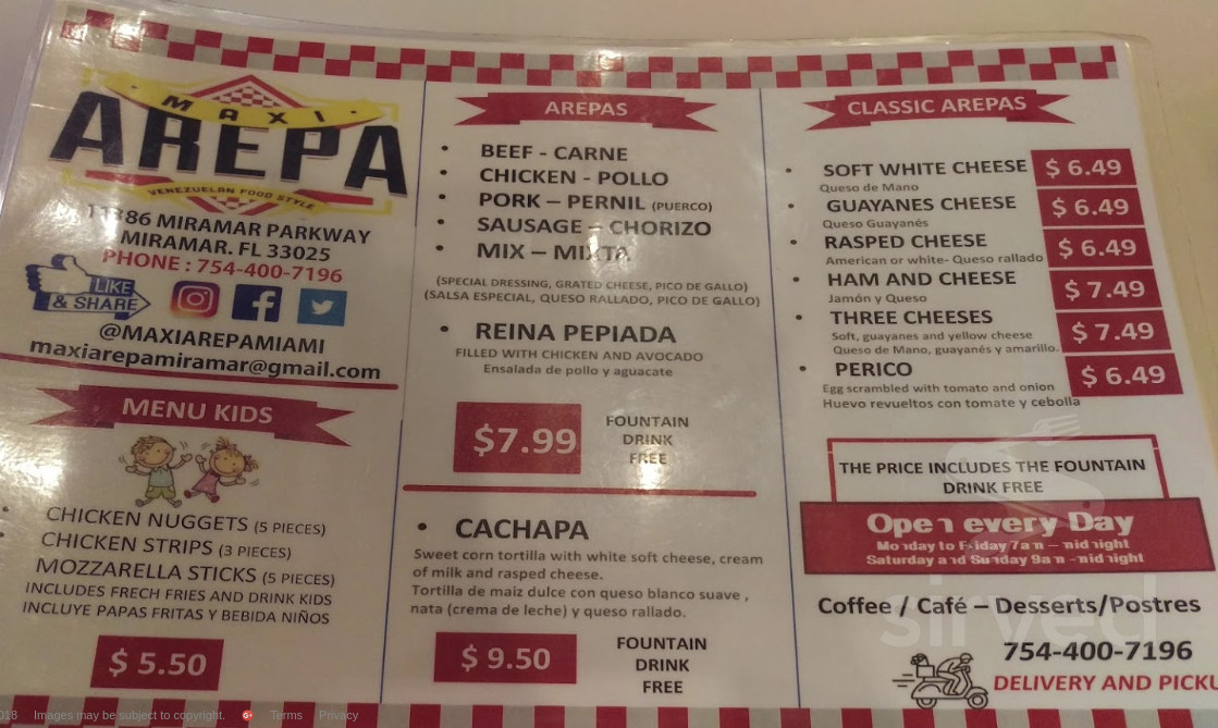 Maxi Arepa menu in Miramar, Florida, USA