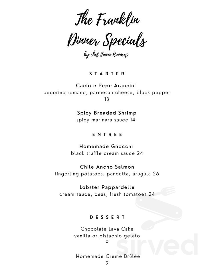The Franklin menu in Jersey City, New Jersey, USA