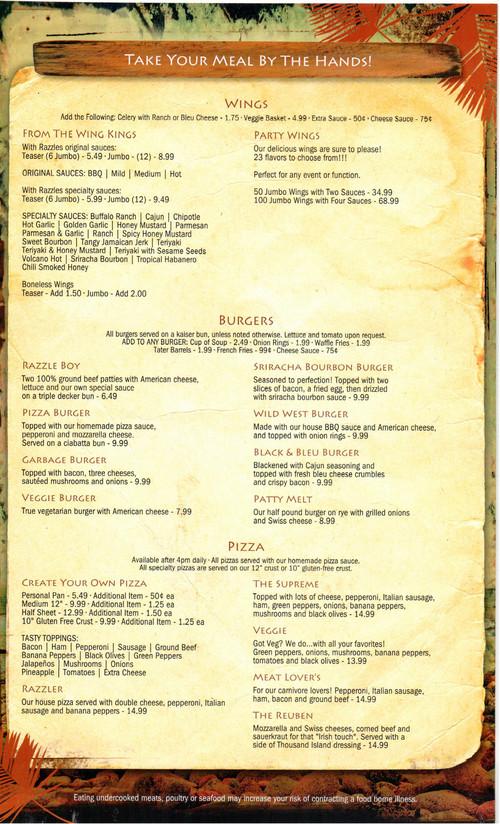 Razzles menu in Olmsted Falls, Ohio, USA