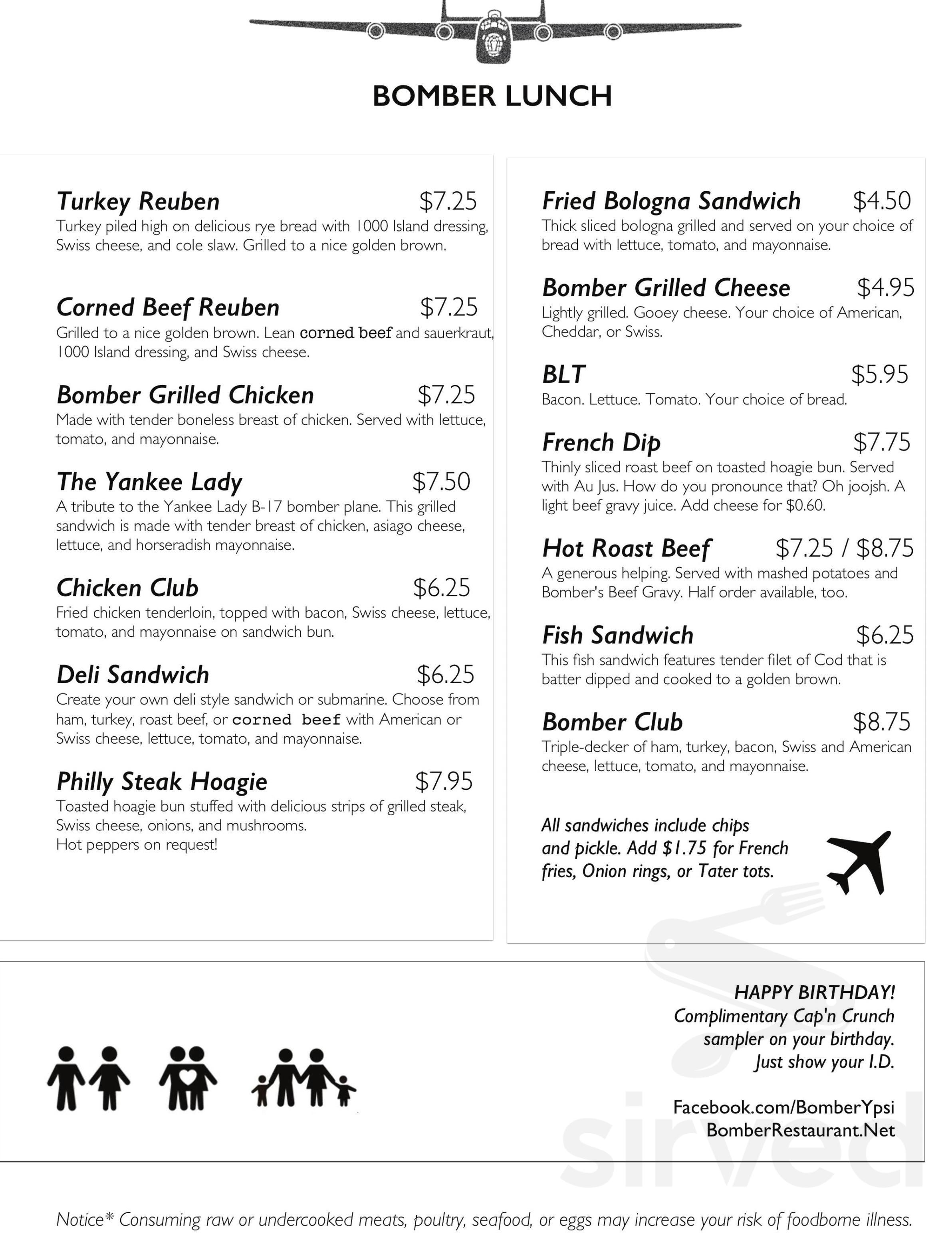 Bomber Restaurant menu in Ypsilanti, Michigan, USA