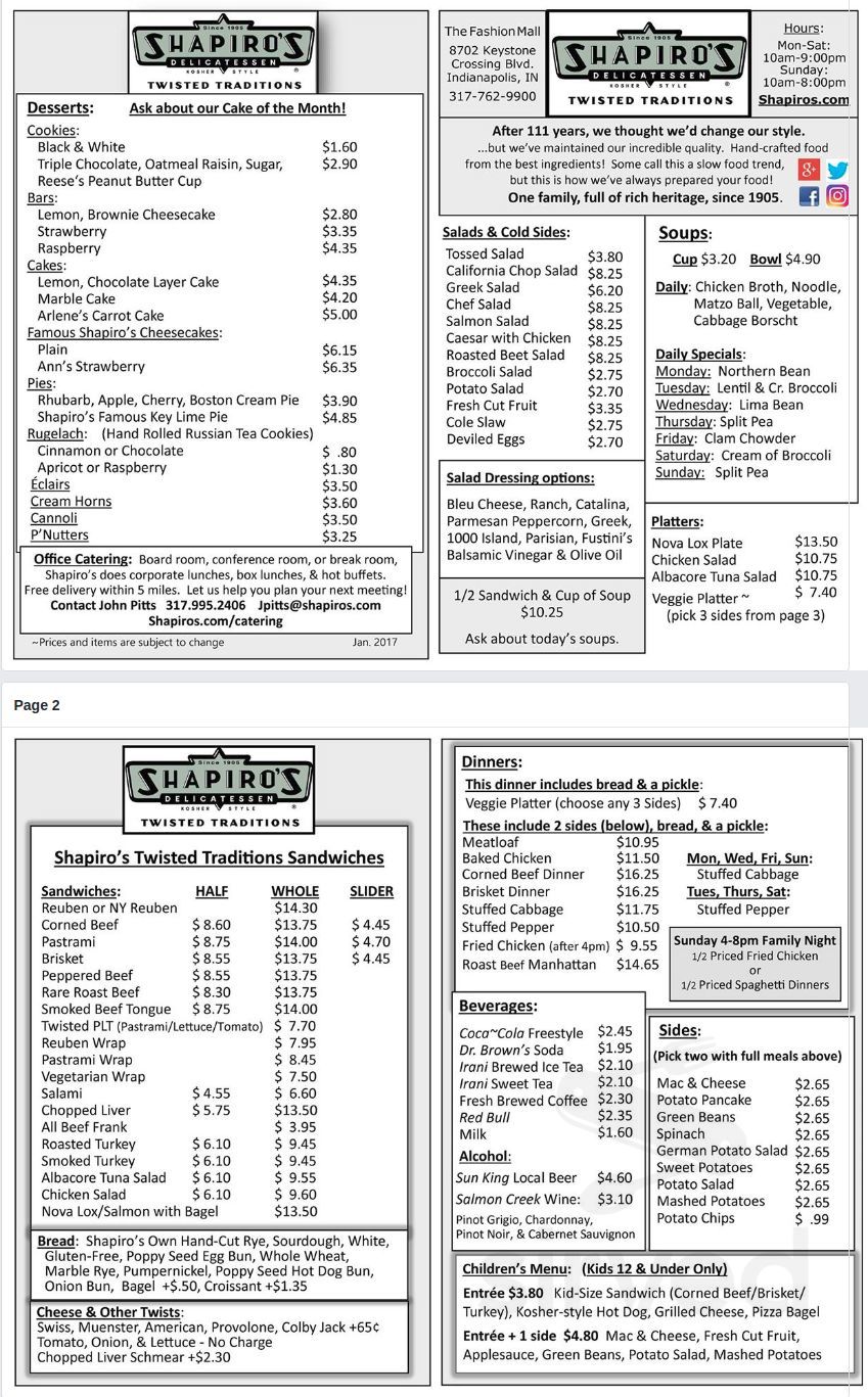 Menu for Shapiro's Delicatessen - Indianapolis, IN | Sirved