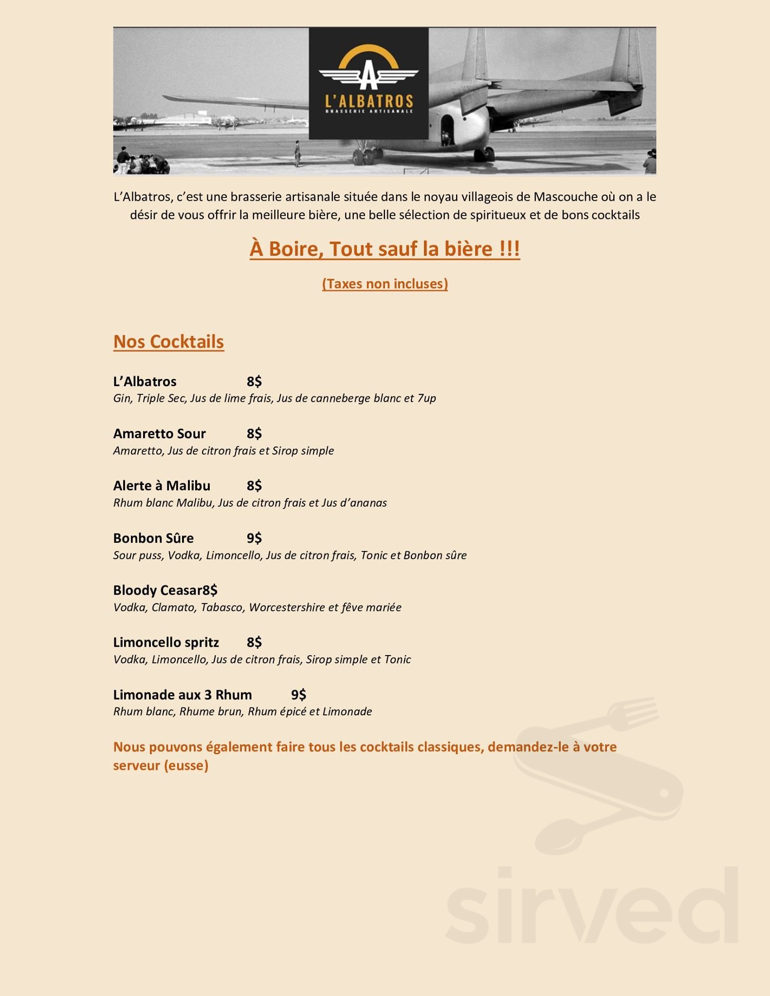 L'Albatros - Brasserie Artisanale menu in Mascouche, Quebec, Canada