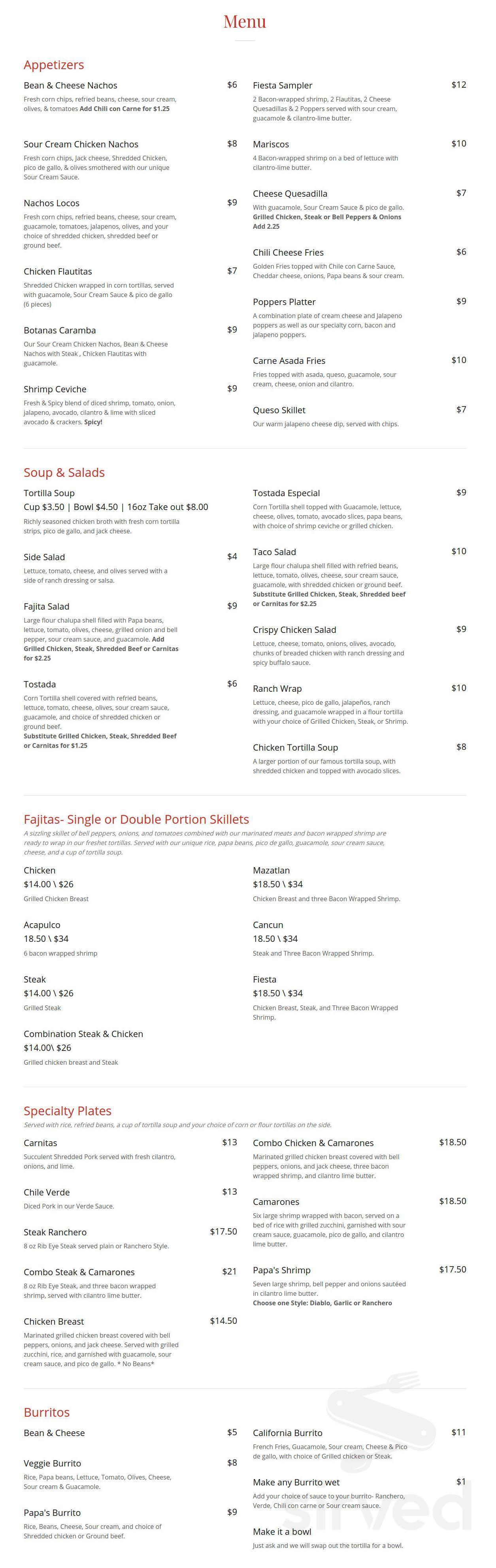 Menu - Oroville CA's Papacito's | Mexican Grill & Cantina | Sirved