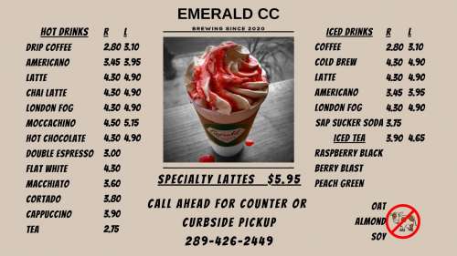 Emerald Coffee Co. menu in Hamilton, Ontario, Canada