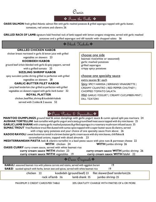 Oasis Restaurant & Wine Lounge menu in Pleasanton, California, USA