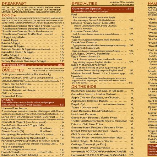 Patrick's Roadhouse menu in Santa Monica, California, USA