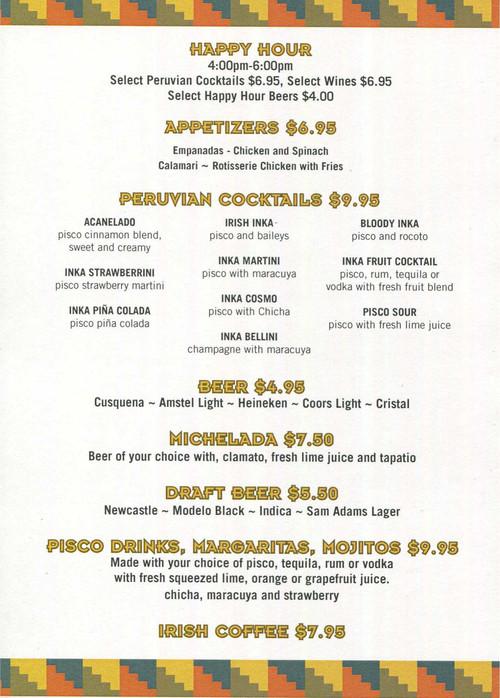 Inka Grill menu in Lake Forest, California, USA