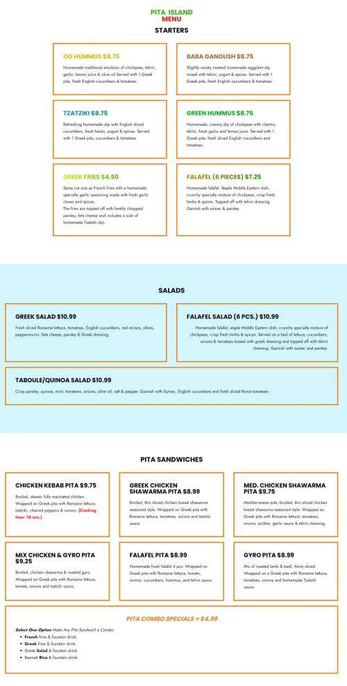 Pita Island menu in Gilbert, Arizona, USA