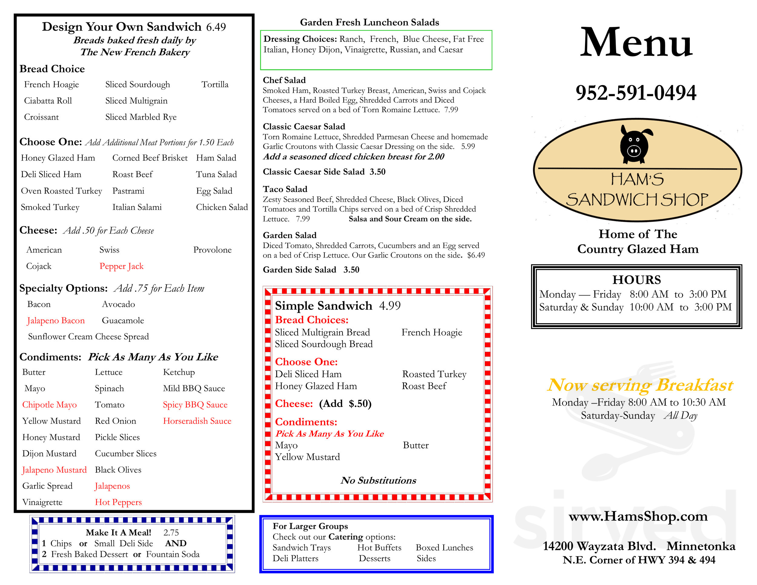 Menu - Minnetonka MN's Ham's Sandwich Shop | Sirved