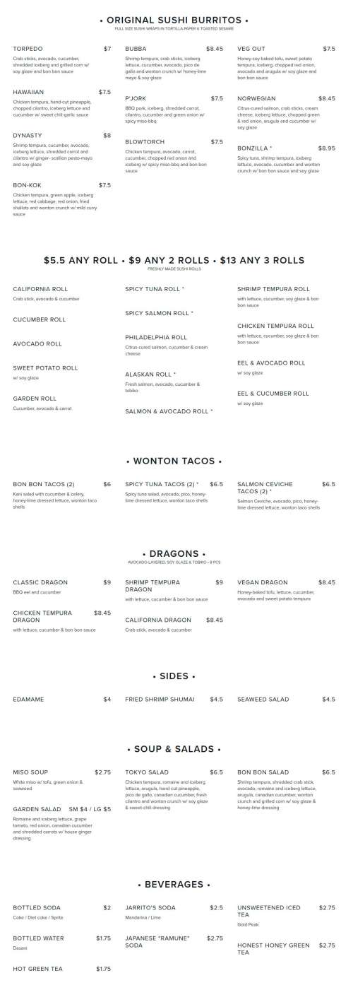 Bon Bon Sushi menu in West Chester, Pennsylvania, USA