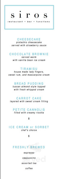 Siros Restaurant menu in Quincy, Massachusetts, USA