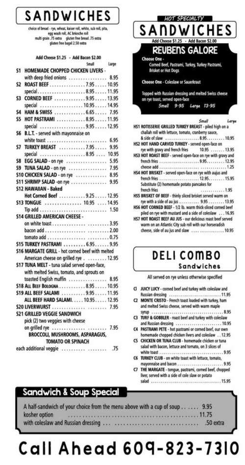 Downbeach Deli and Restaurant menu in Margate City, New Jersey, USA
