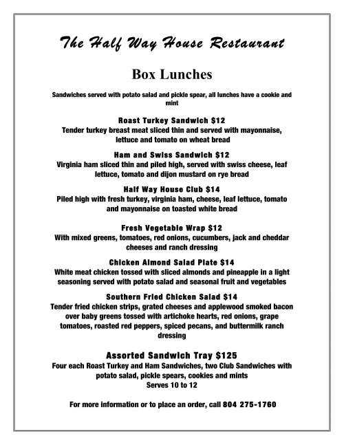 Half-Way House Restaurant menu in North Chesterfield, Virginia, USA