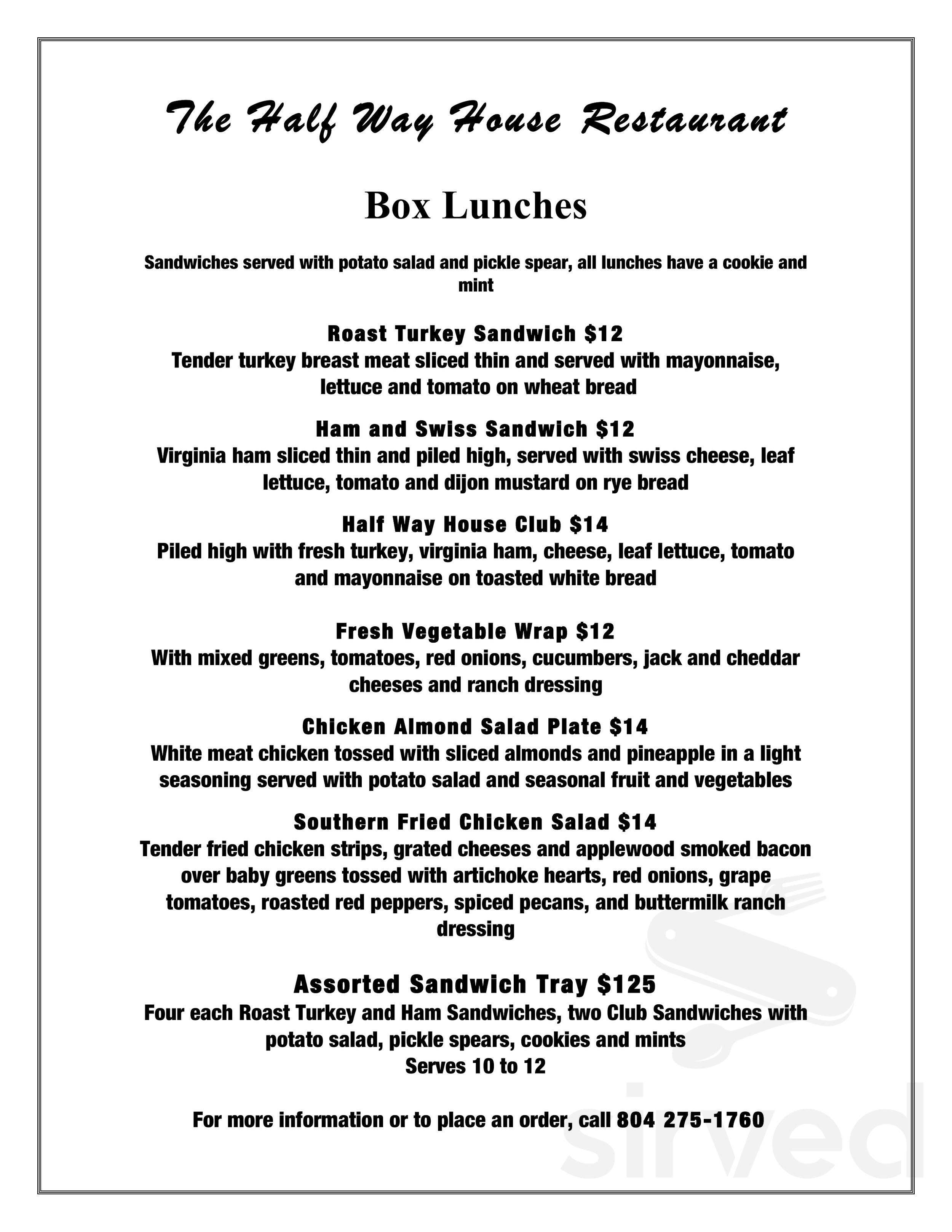 Half-Way House Restaurant menu in North Chesterfield, Virginia, USA