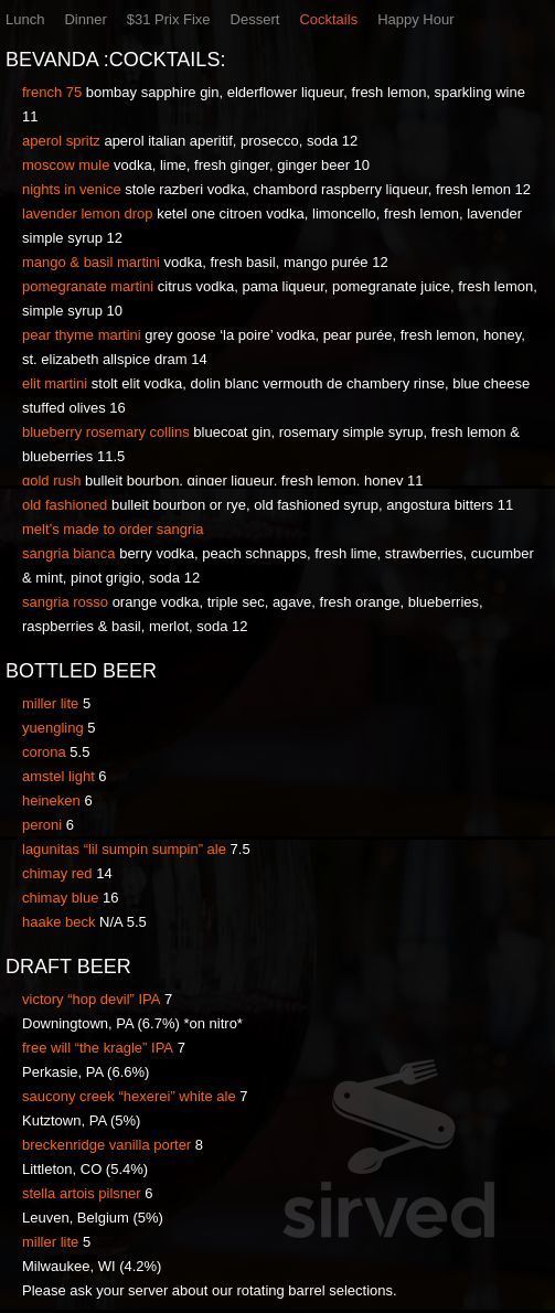 Melt menu in Center Valley, Pennsylvania, USA