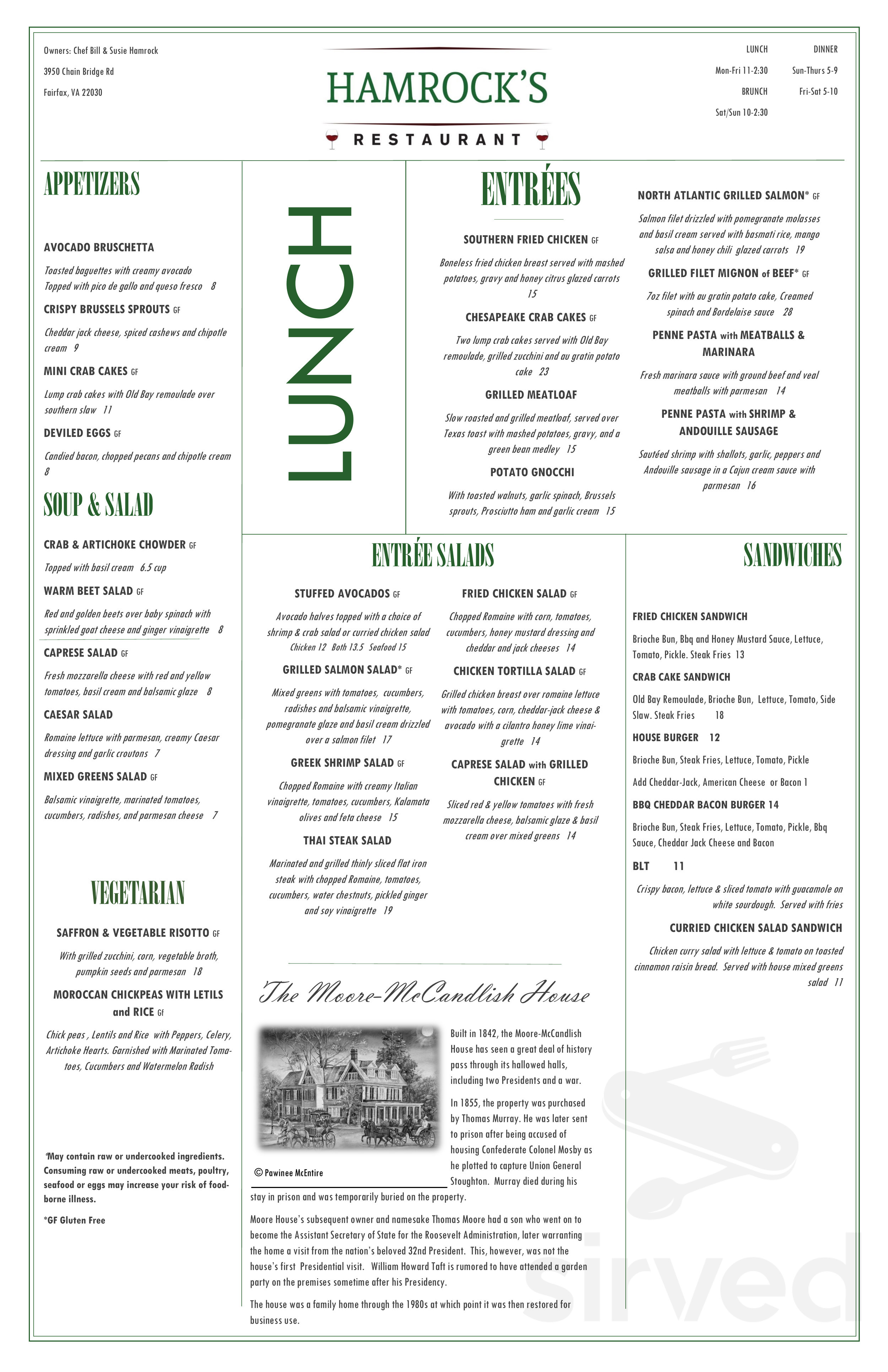 Hamrock's Restaurant menu in Fairfax, Virginia, USA
