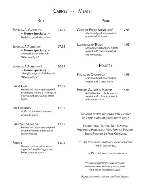 Madeira Restaurant menu in East Providence, Rhode Island, USA