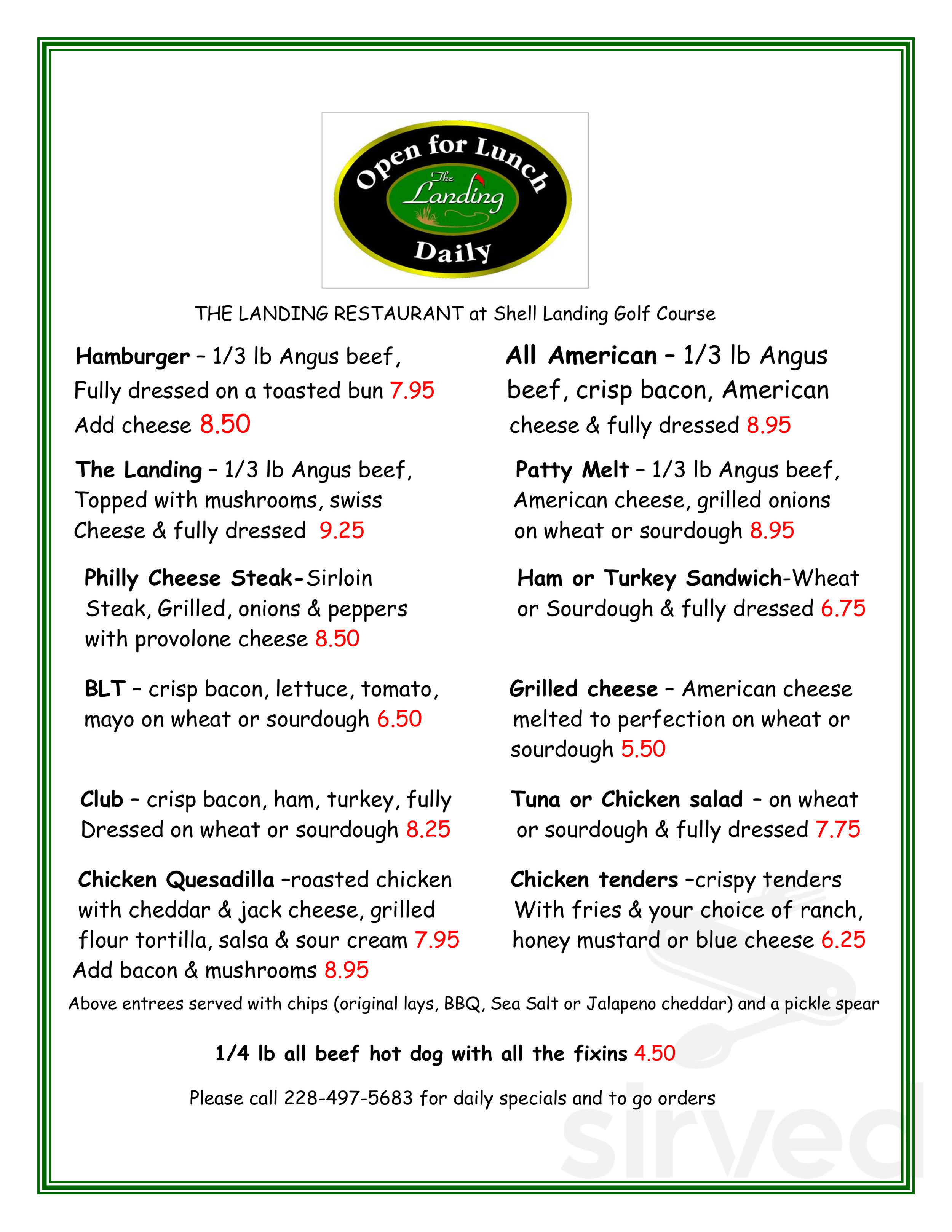 Menu - Gautier MS's Shell Landing Golf Club | Sirved