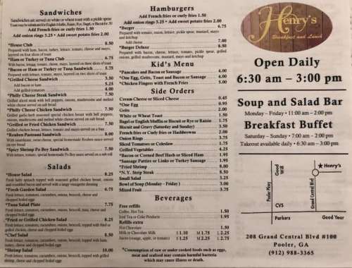 Henry's Restaurant in Pooler menu in Pooler, Georgia, USA