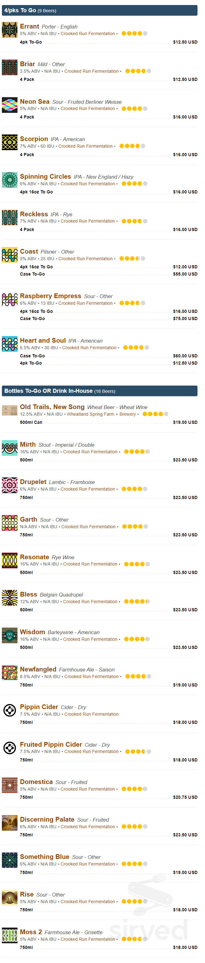 Crooked Run Fermentation menu in Sterling, Virginia, USA