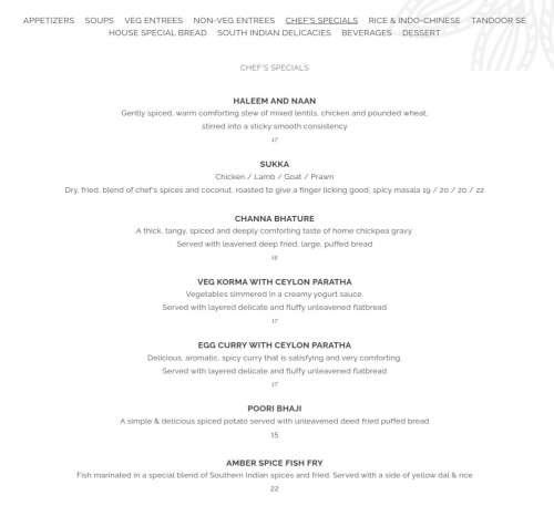 Amber Spice menu in Laurel, Maryland, USA