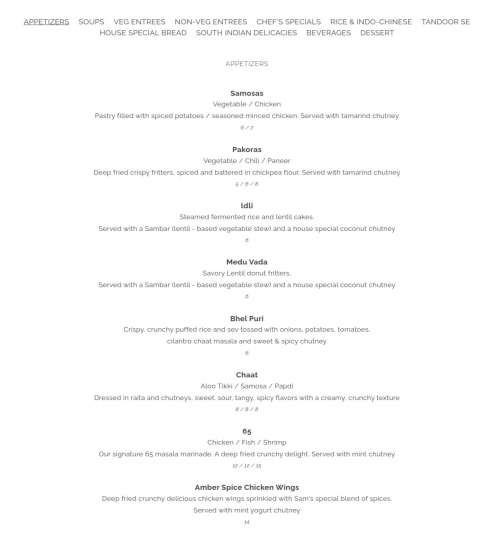 Amber Spice menu in Laurel, Maryland, USA