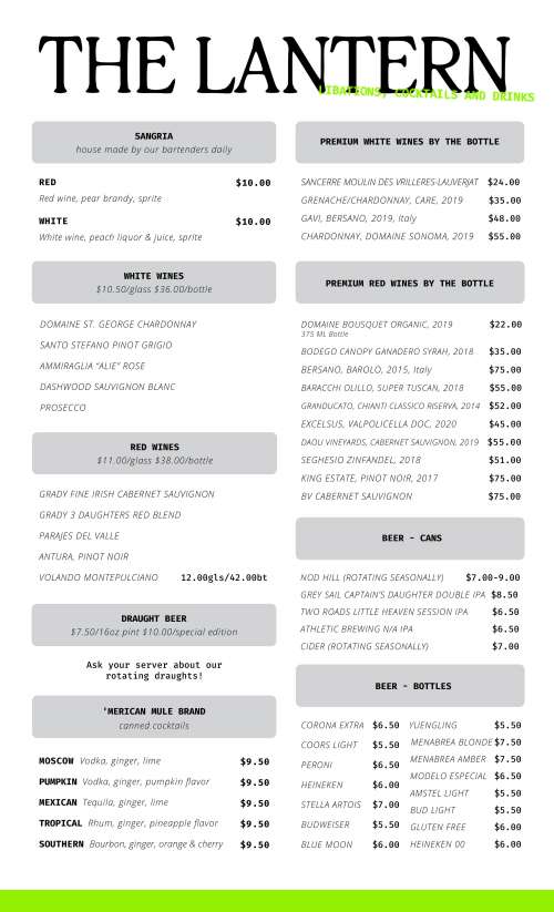 The Lantern menu in Ridgefield, Connecticut, USA