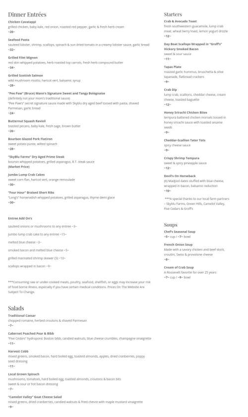 Roosevelt Tavern menu in York, Pennsylvania, USA