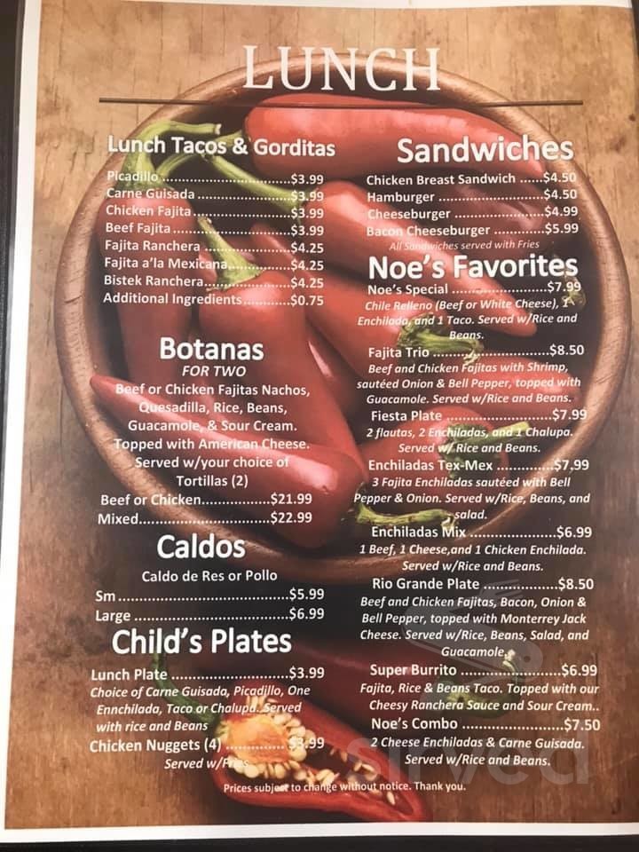 Noe's Mexican Café menu in San Benito, Texas, USA