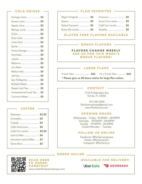 Flan Factory menu in Tampa, Florida, USA