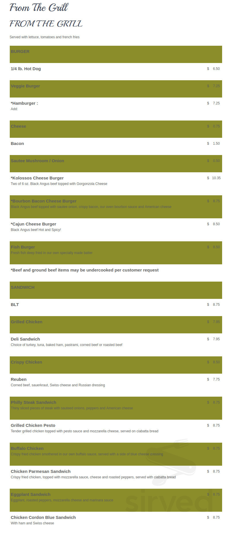 Kolossos Restaurant & Pizza menus in Stafford, Connecticut, United States