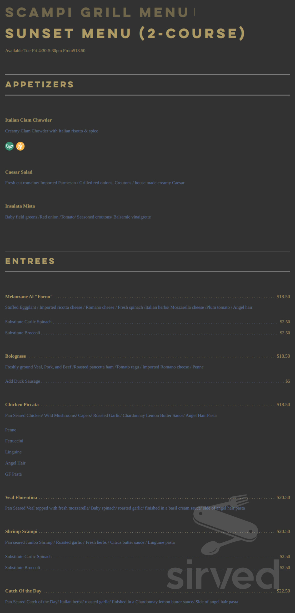 Scampi Grill menu in Vero Beach, Florida, USA