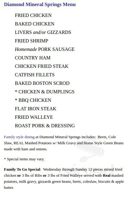 Menu for Diamond Mineral Springs in Grantfork, IL | Sirved